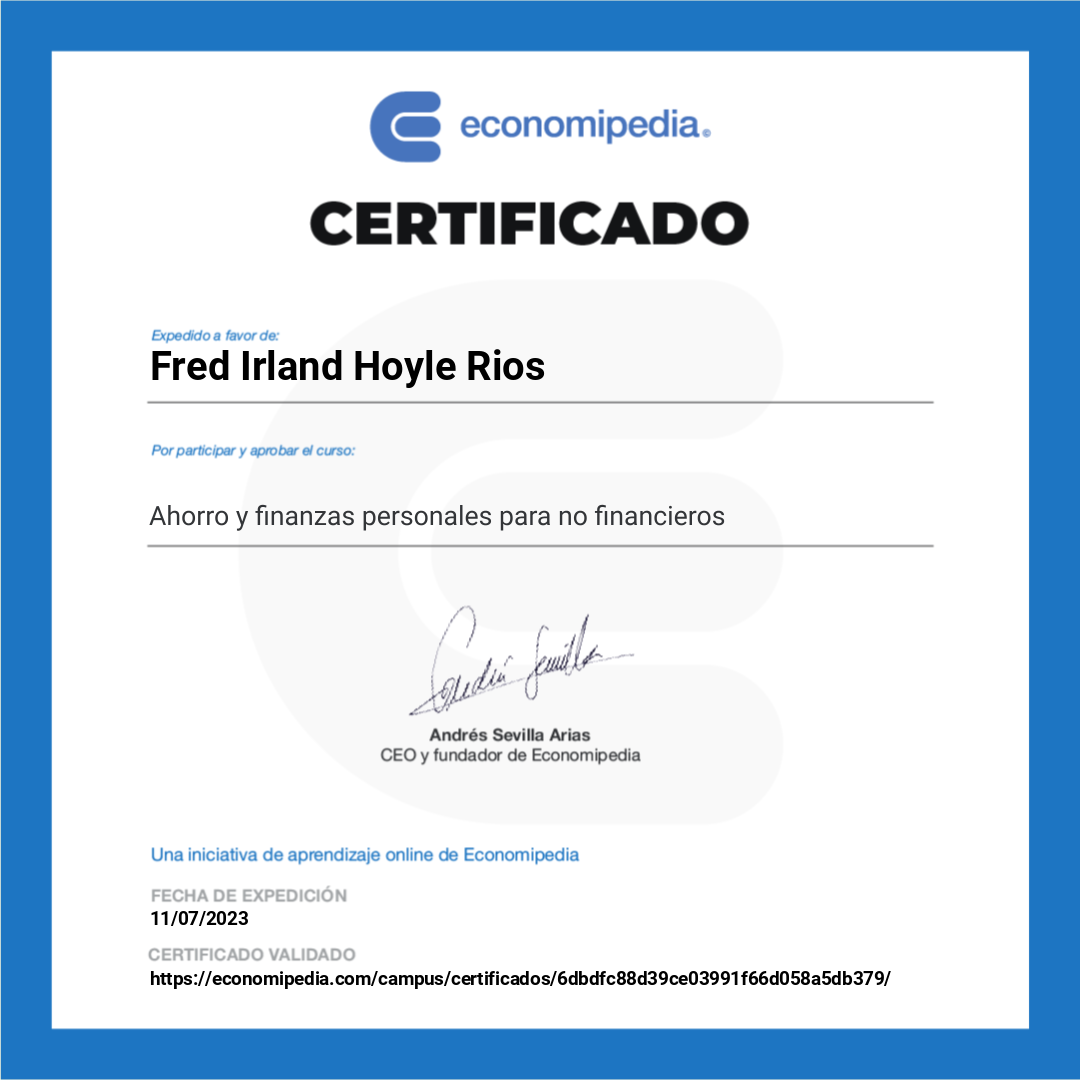 Certificado Curso de ahorro y finanzas personales de Fred Irland Hoyle Rios